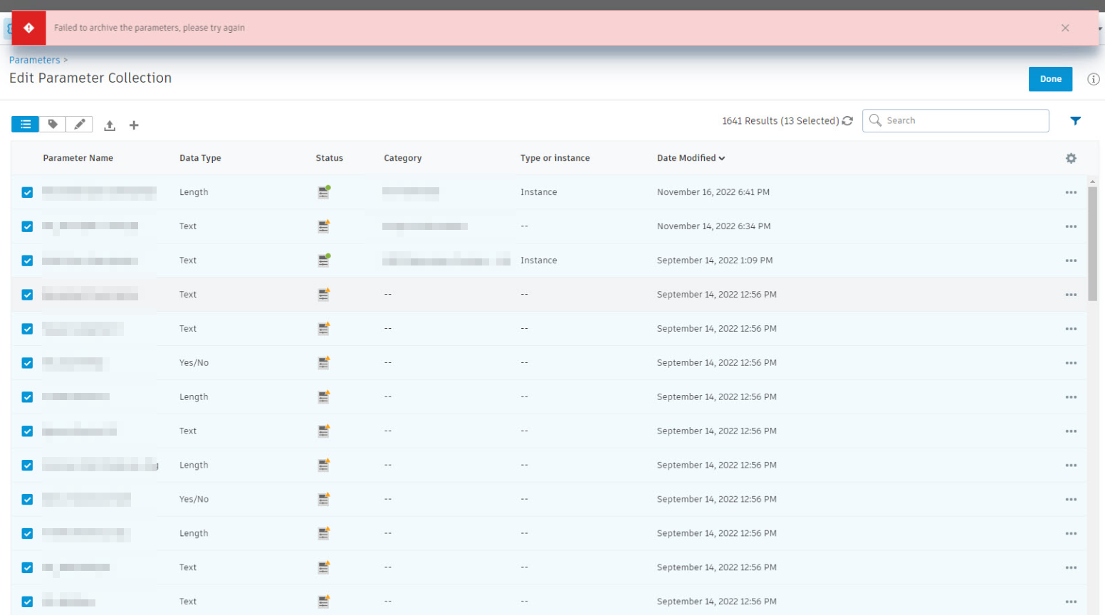 "Failed to archive the parameters, please try again" when archiving multiple parameters in ...
