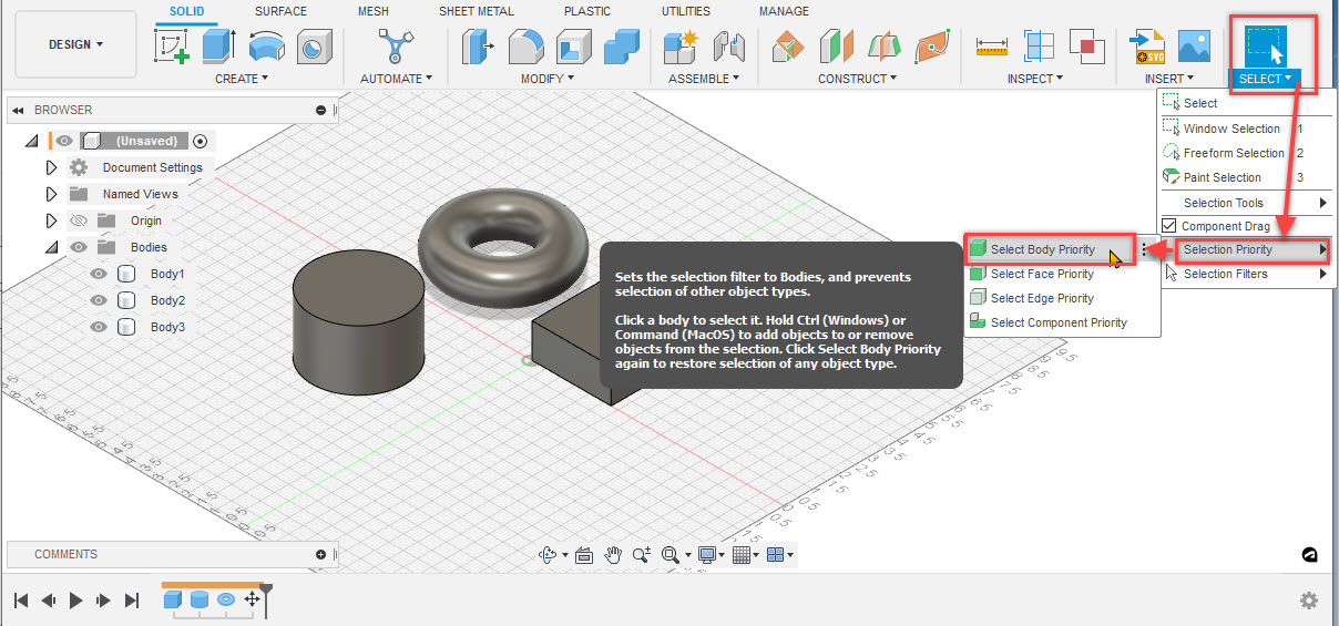 How to select all bodies in a Fusion 360 design