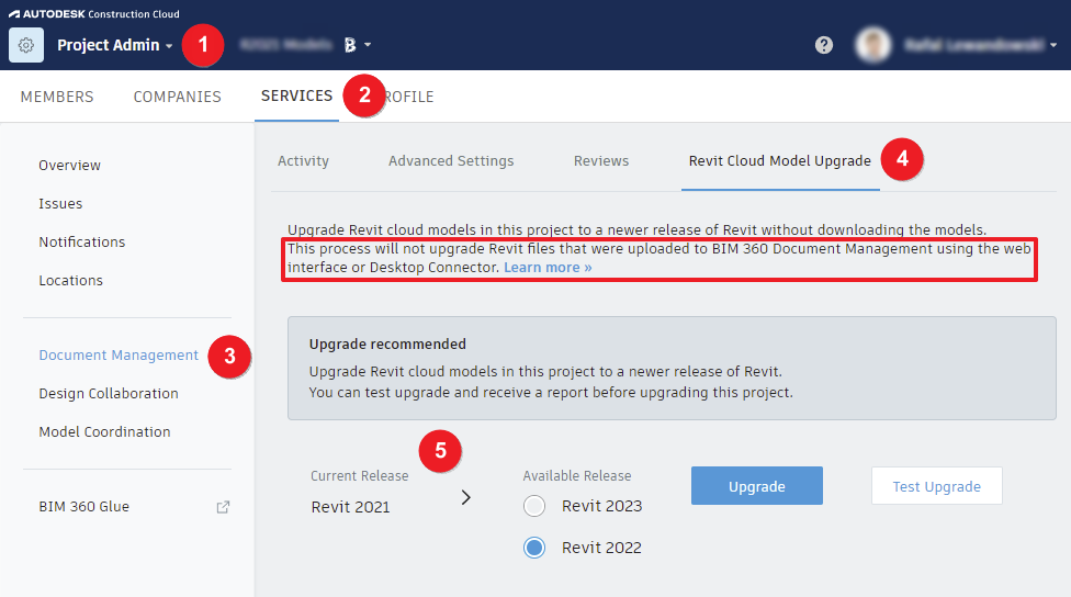 Is it possible to change the Revit version of a BIM 360 project?