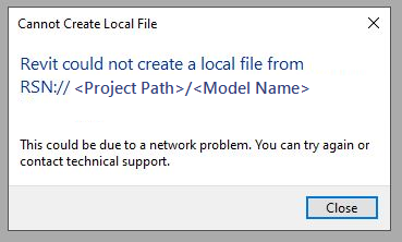 Erro "O Revit não pôde criar um arquivo local a partir de RSN://..." ao abrir o modelo do Revit ...