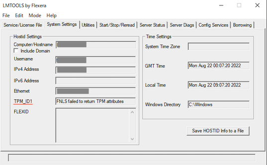 LMTOOLS の [System Settings] タブの TMP_ID1 フィールドに "FNLS does not appear to be running" と表示される