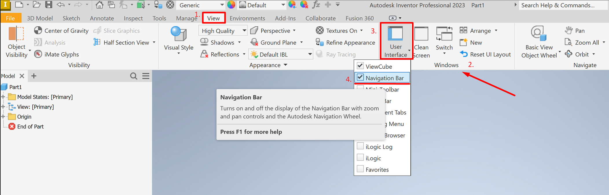 Inventor 中缺少导航栏
