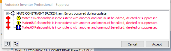 Suppressing one constraint cause issue with other constraints in Inventor