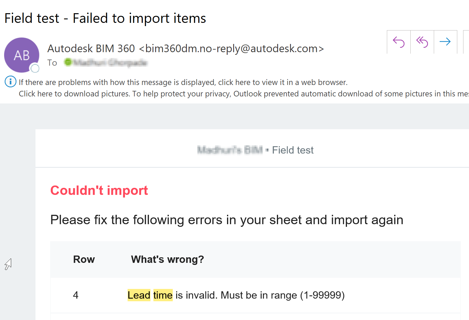 "Couldn't import" error when importing submittals via excel sheet to BIM 360 project