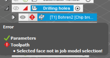 Fusion Help | CAM drilling cycle shows the message "Selected face not in job model selection ...