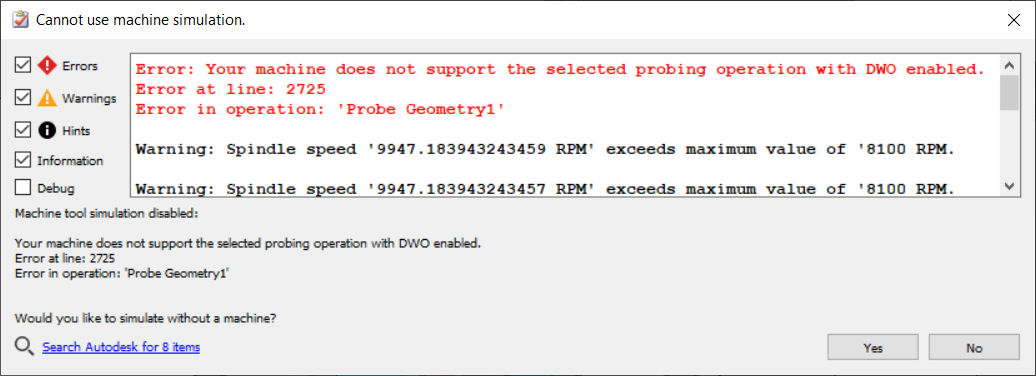 "Your machine does not support the selected probing operation with DWO enabled" when post ...