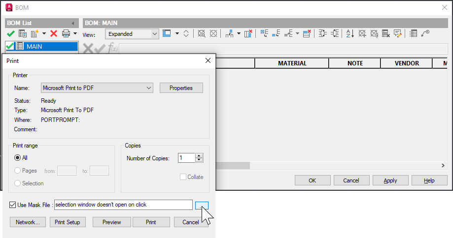 从AutoCAD Mechanical打印BOM表明细表时，无法选择遮罩文件
