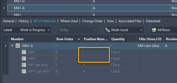 Item Bill of Materials (BOM) position numbers are missing for component items with specific ...