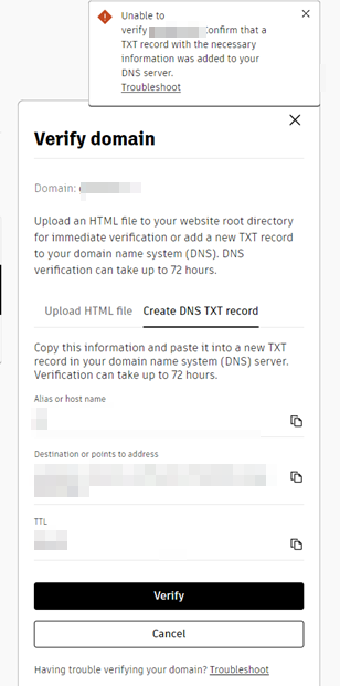 “Unable to verify [domain]. Confirm that a TXT record with the necessary information was added ...