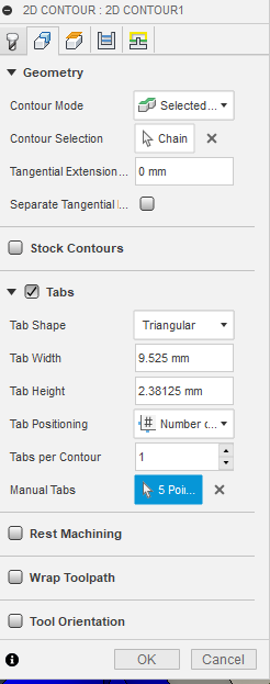 How to select tabs position in Fusion manufacturing workspace.
