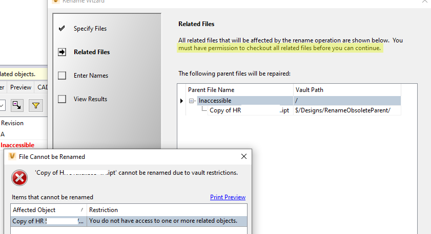 "You do not have access to one or more related files." when checking in files to Vault