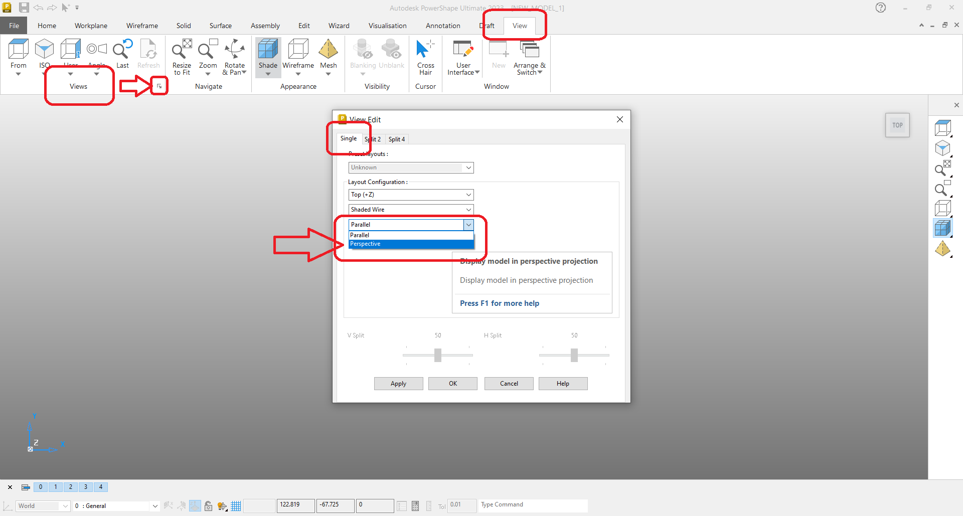How to set View to Perspective projection in PowerShape