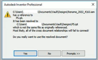 安装 Vault 2022.4 Update 后，重命名部件中的 Inventor 零件后出现参考错误