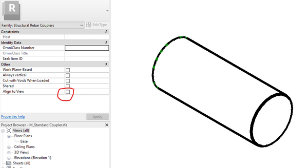Rebar couplers unexpectedly display aligned to section views in Revit