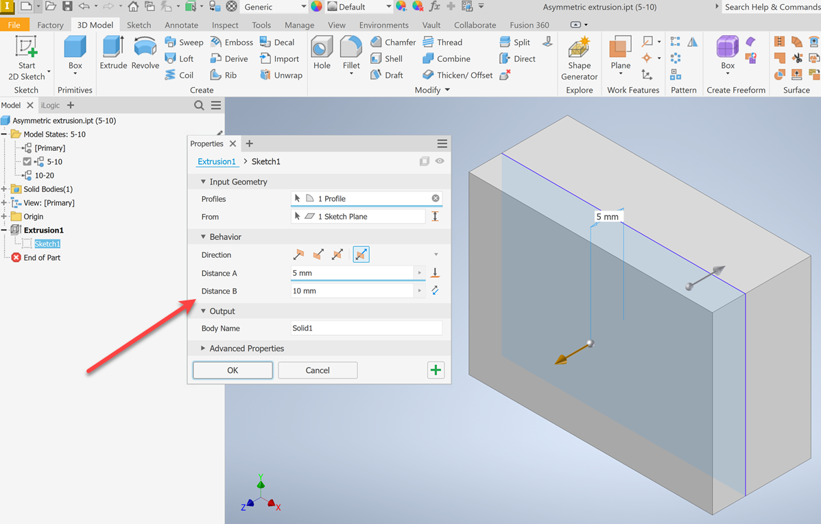 Distance B in asymmetric extrusion is not saved in the active model state in Inventor