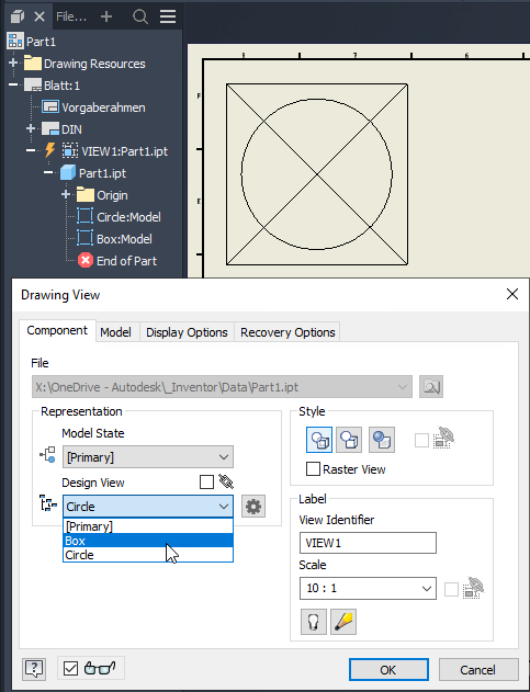 Sketches on drawing view do not follow Design View from part in Inventor