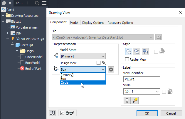 Sketches on drawing view do not follow Design View from part in Inventor