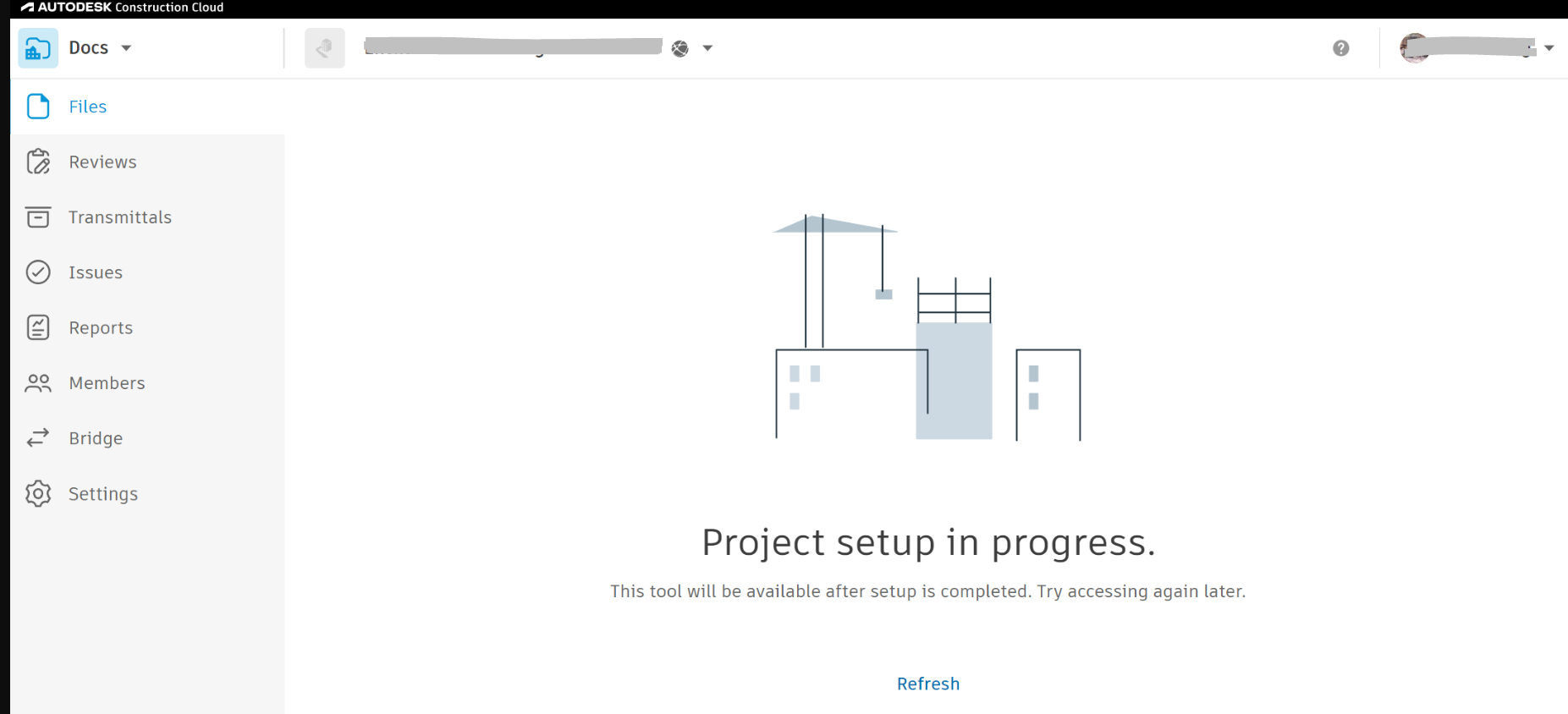 "Project set up in progress..." appears when trying to access Autodesk Docs