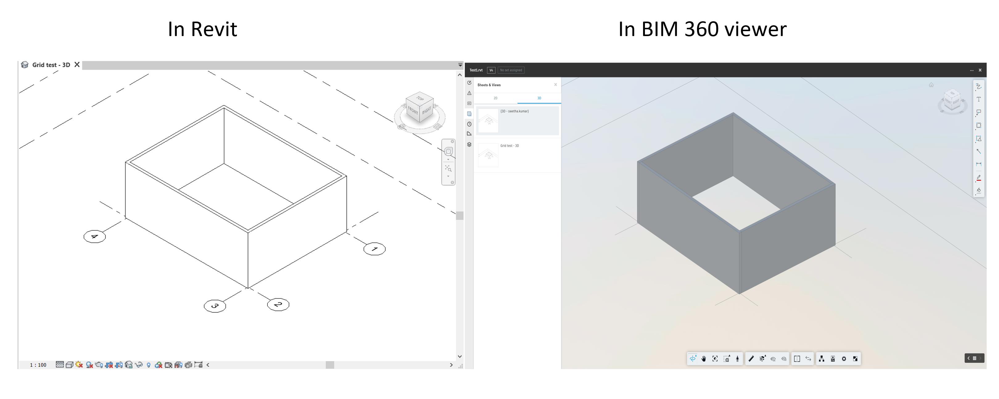 ACC 또는 BIM 360에서 Revit 모델의 3D 뷰에 그리드 버블이 표시되지 않음