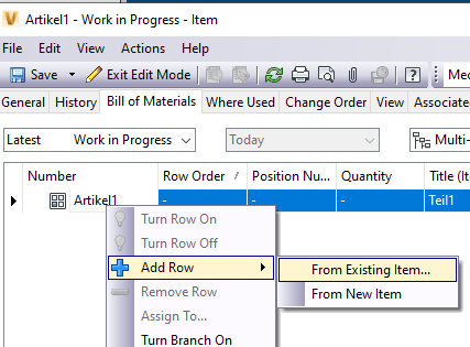 将另一个条目拖放到 BOM 表中后，需要先保存条目，然后才能在 Vault 中以相同方式将另一个条目插入到该 BOM 表中