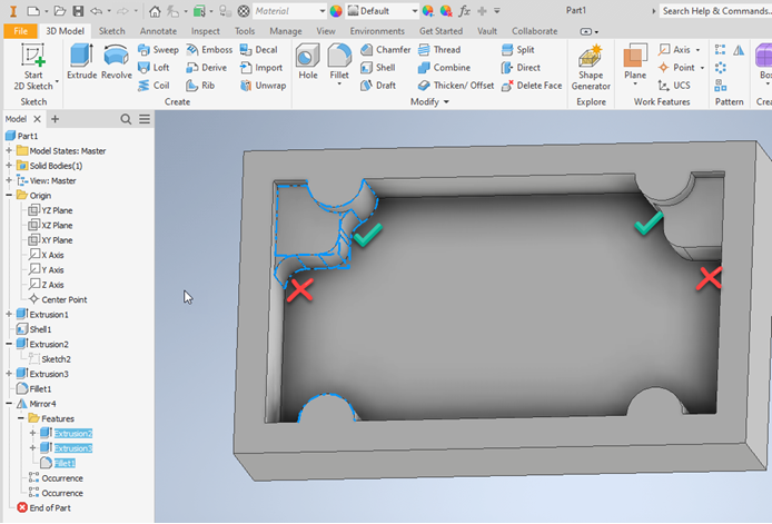 Fillets shown in mirror preview but missing when calculated in Inventor