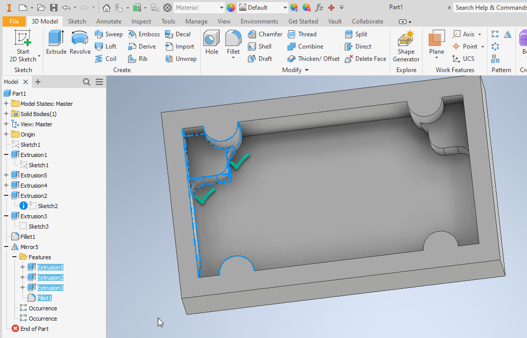 Fillets shown in mirror preview but missing when calculated in Inventor