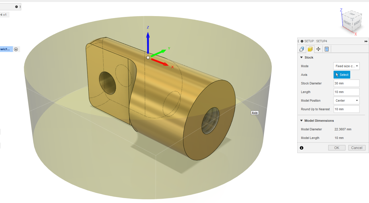 在fusion 360中，无法旋转毛坯“固定尺寸圆柱体”。 