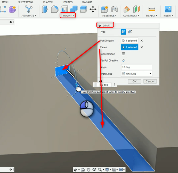 如何在Fusion 360中在实体上创建斜向斜插特征