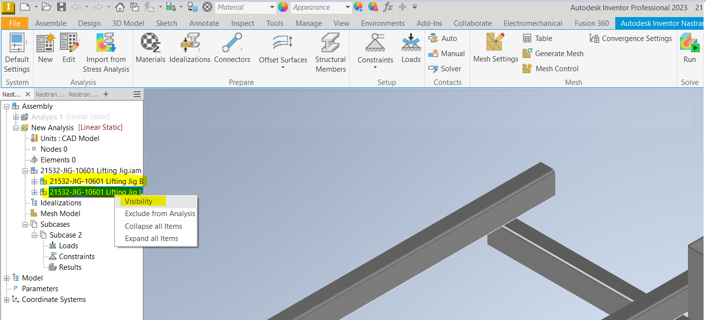 Model components disappear after new analysis definition in Inventor Nastran