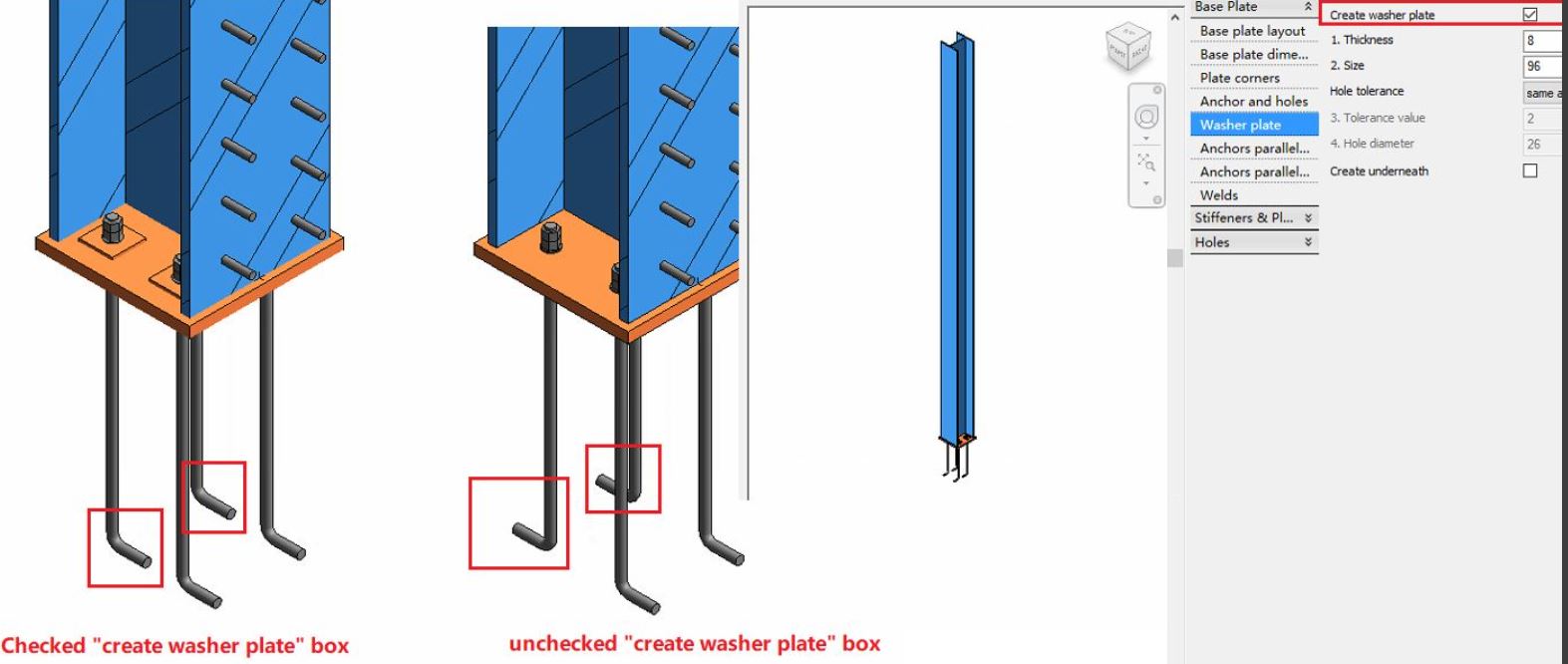 Anchor direction in base plate steel connection will change when checking "create washer plate ...