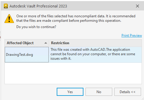 "One or more of the files selected has noncompliant data... This file was created with AutoCAD ...