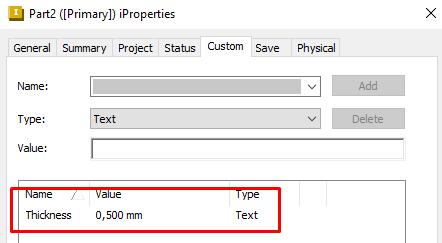 How to define a custom sheet metal property with thickness in Inventor