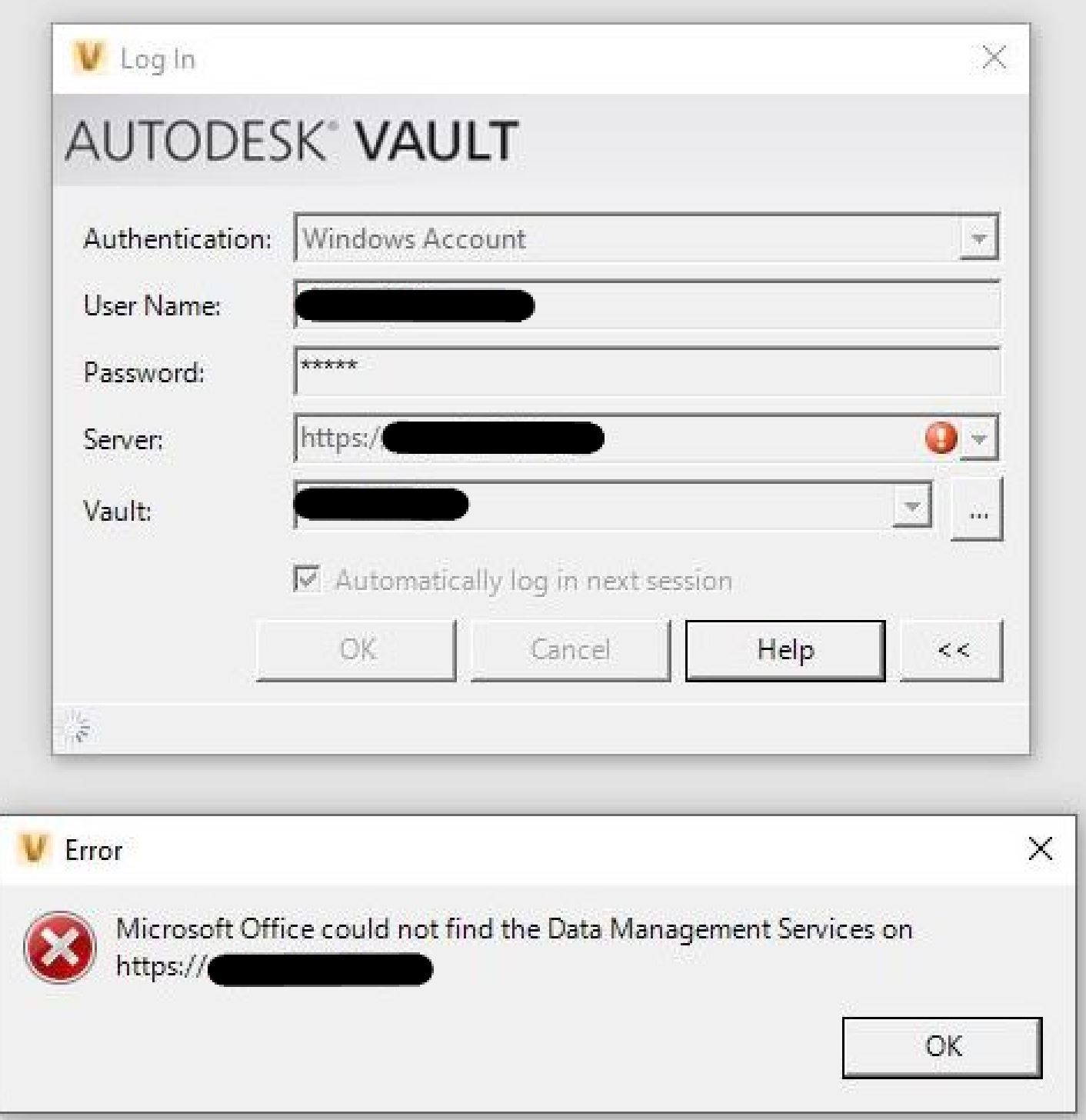 Officeソフトウェアを使用してVault Serverに接続しようとすると、[...]にMicrosoft OfficeがData Management Servicesを見つけられませんでした