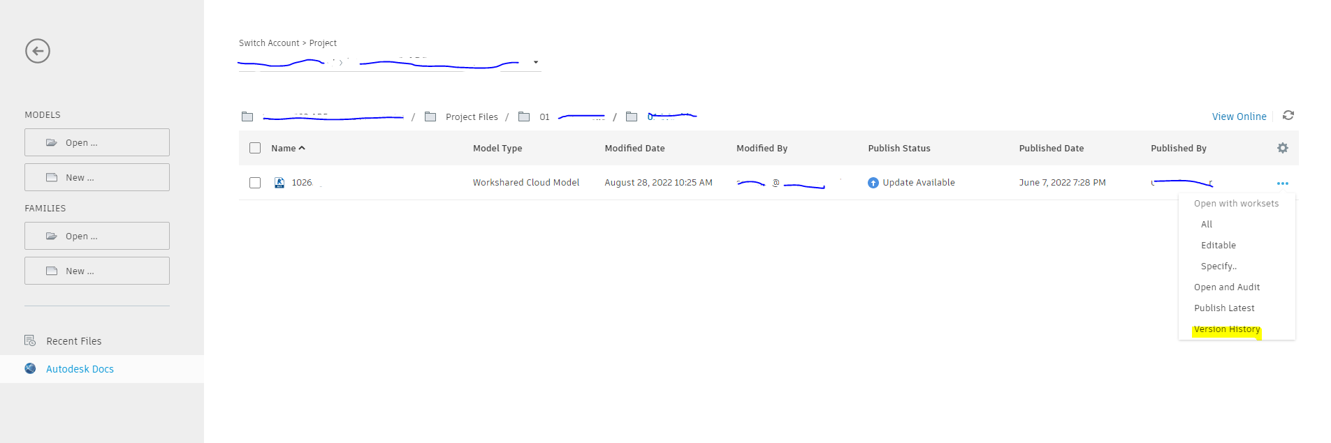 "Show History" & "Restore Backup" tab is greyed out in Revit