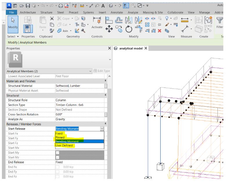 How to define releases for analytical members in Revit.