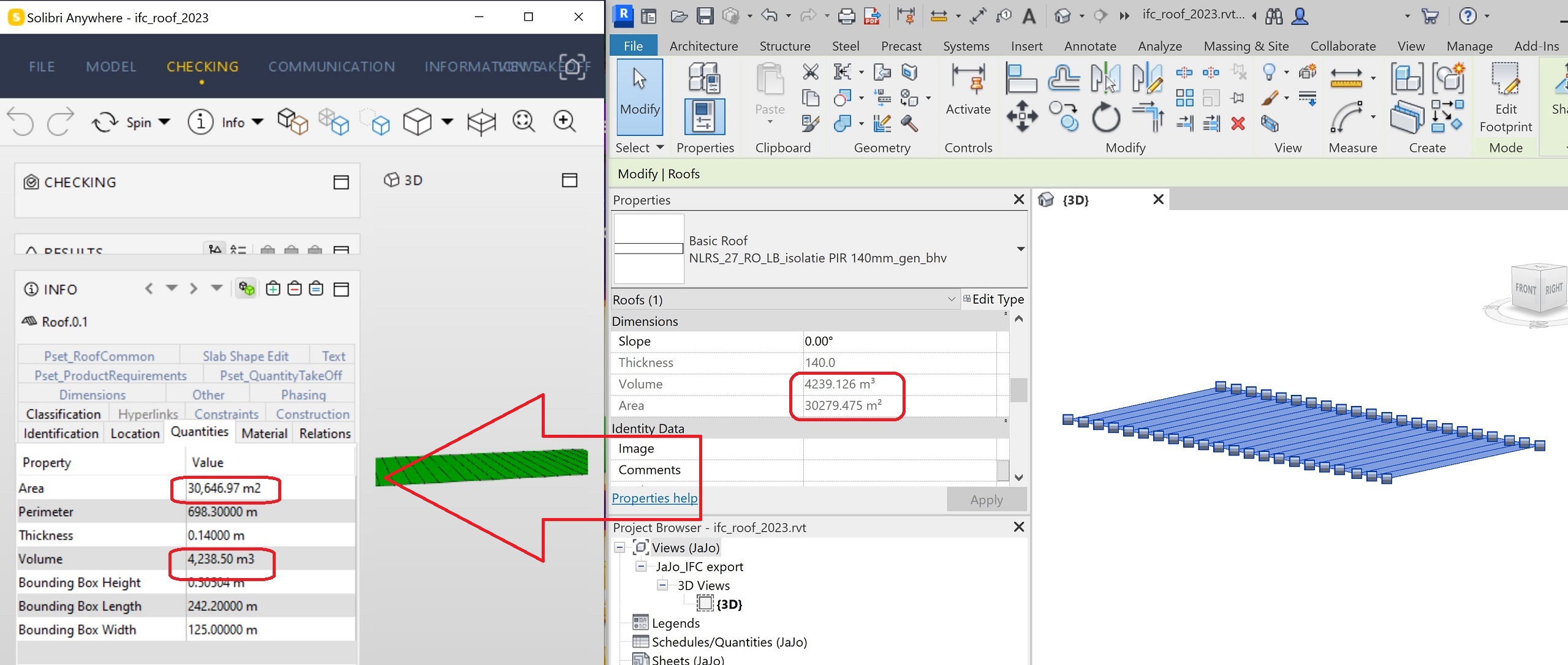 Roof area and volume not correct in exported IFC from Revit