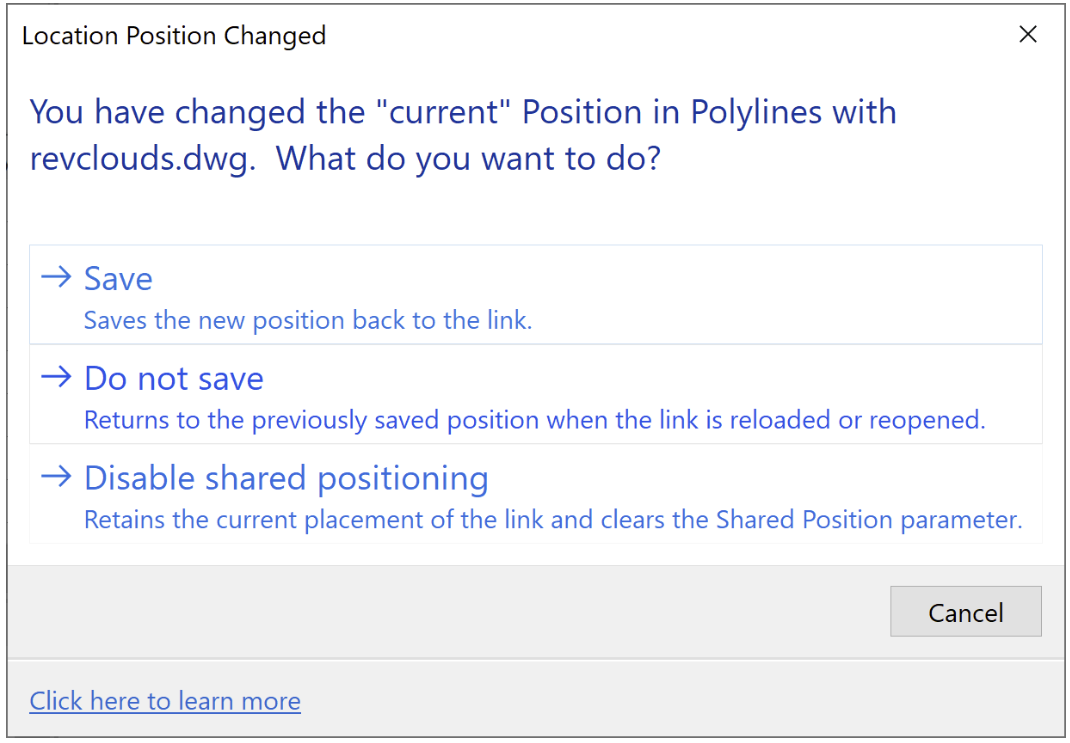 尝试在Revit链接中禁用共享位置时，“禁用共享位置”会重复显示