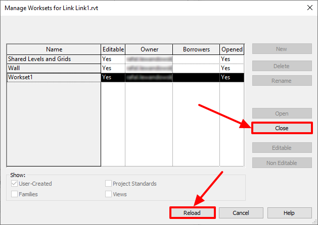 关闭在Revit中将链接RVT模型内的图元指定给的工作集后，无自动重生成
