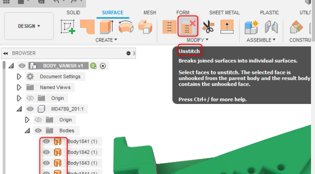Solid Body disappears after using stitch command in Fusion 360.