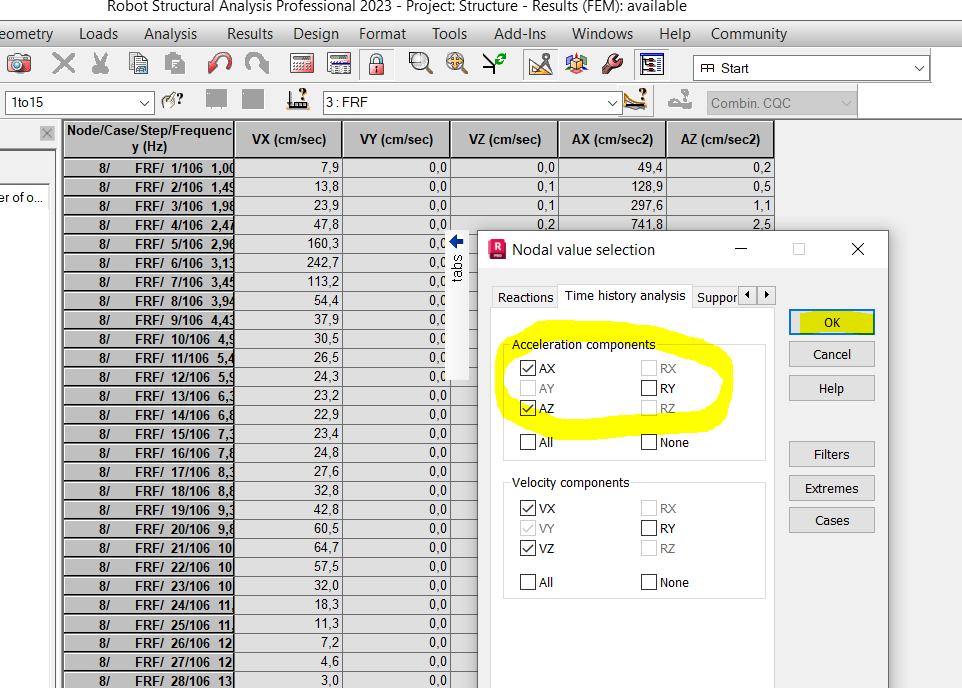 Is it possible to display nodal acceleration for harmonic and FRF analysis in Robot Structural ...