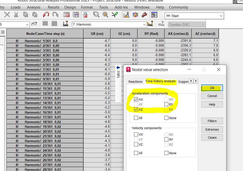 Is it possible to display nodal acceleration for harmonic and FRF analysis in Robot Structural ...