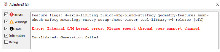 "Internal cam kernel error" when using a slot toolpath in Fusion