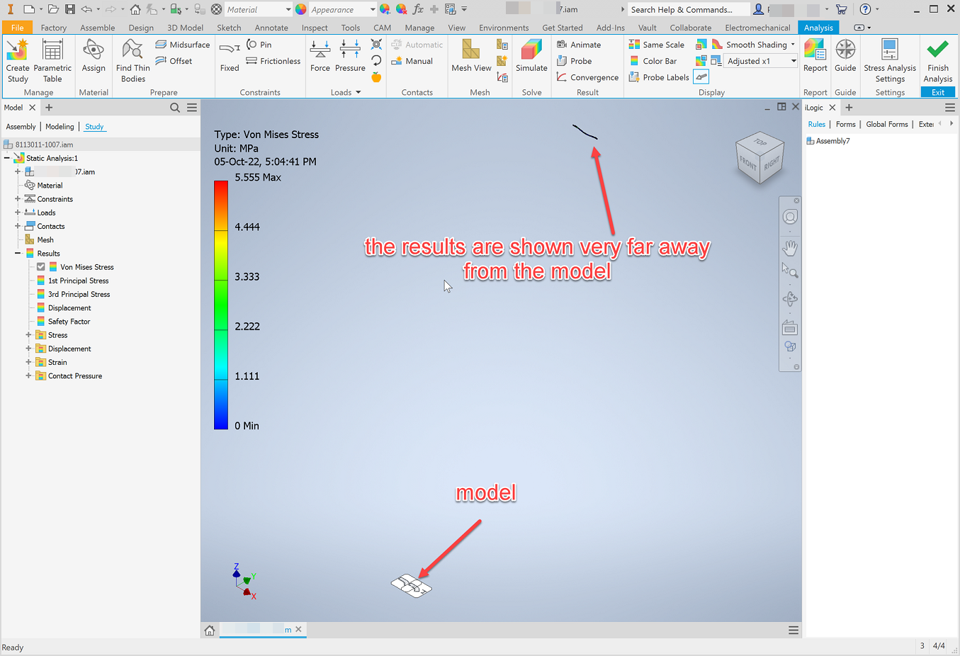 Inventor Stress Analysis results shown far away from the model