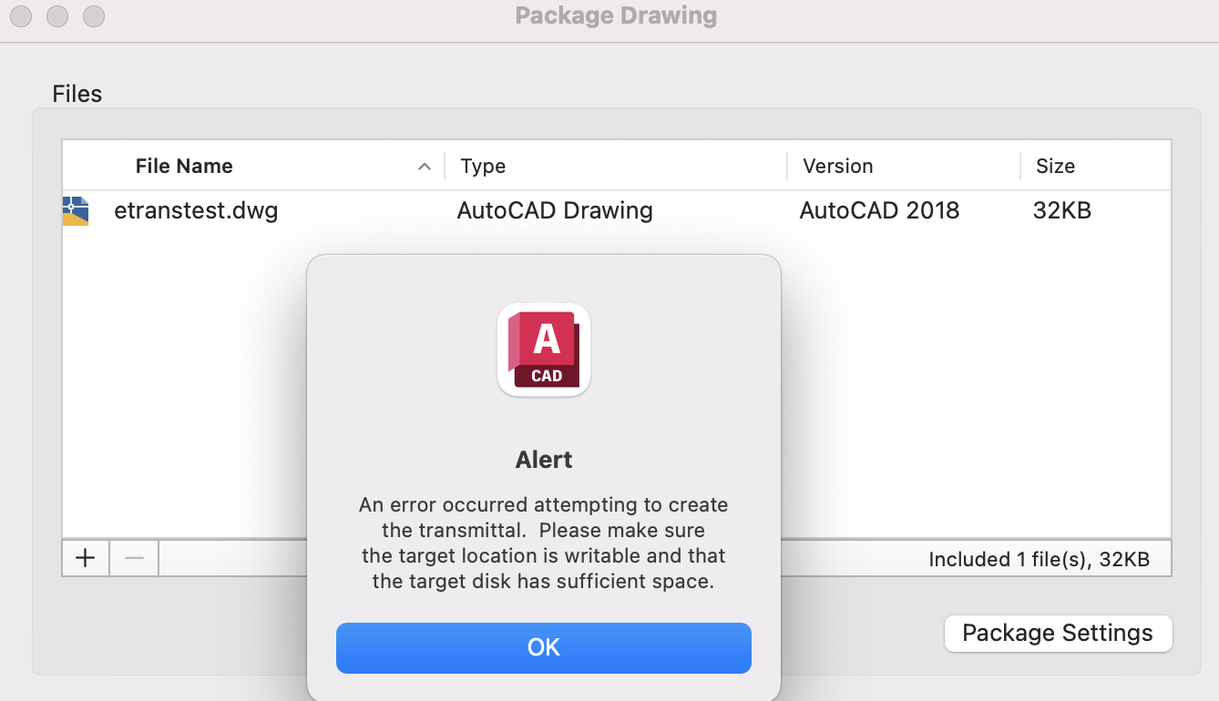 ETRANSMIT failure with AutoCAD for Mac