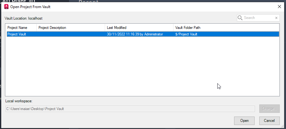 “从 Vault 打开项目”对话框窗口中未列出 Autocad Plant 3d Vault 项目