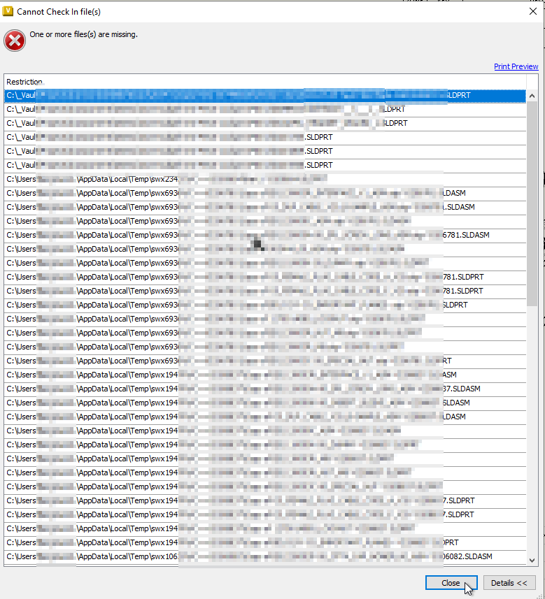 "one or more files are missing" when attempting to check in SolidWorks files to Vault