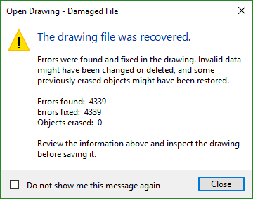"The drawing file requires recovery." when opening a drawing containing ...