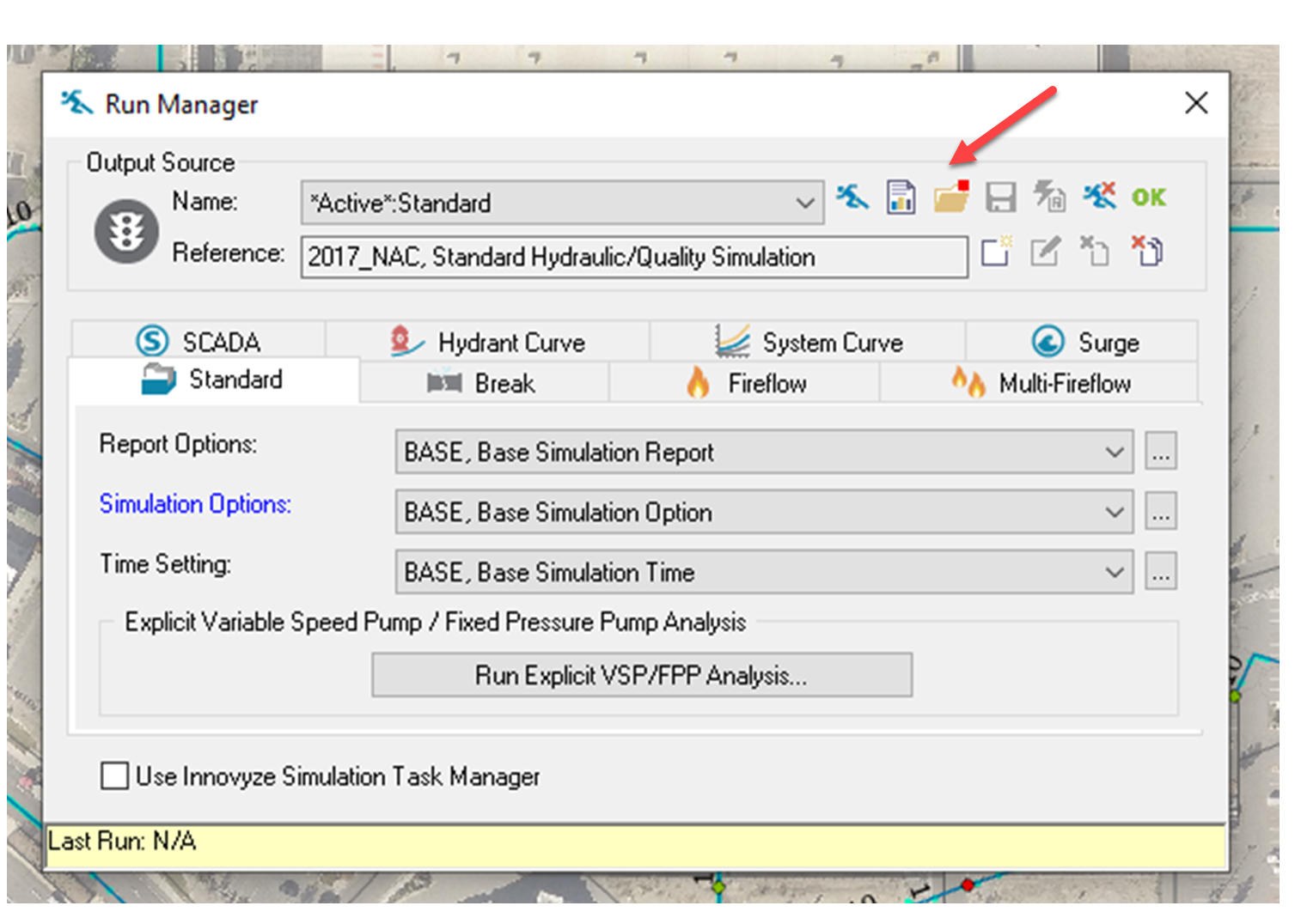在 InfoWater Pro 中运行模拟时显示“错误： 无法将作业切换到模拟服务”或“结果待处理”图标