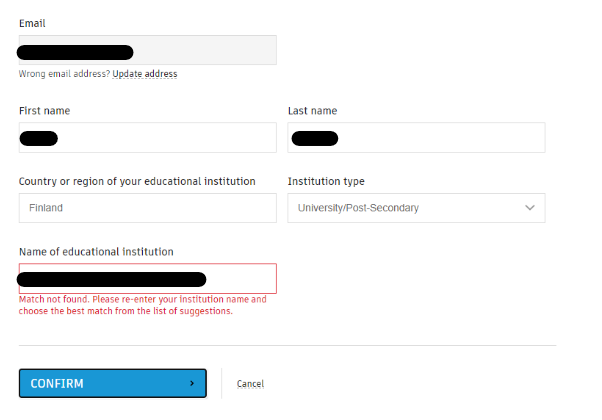Unable to select educational institution - "Match not found. Please re ...