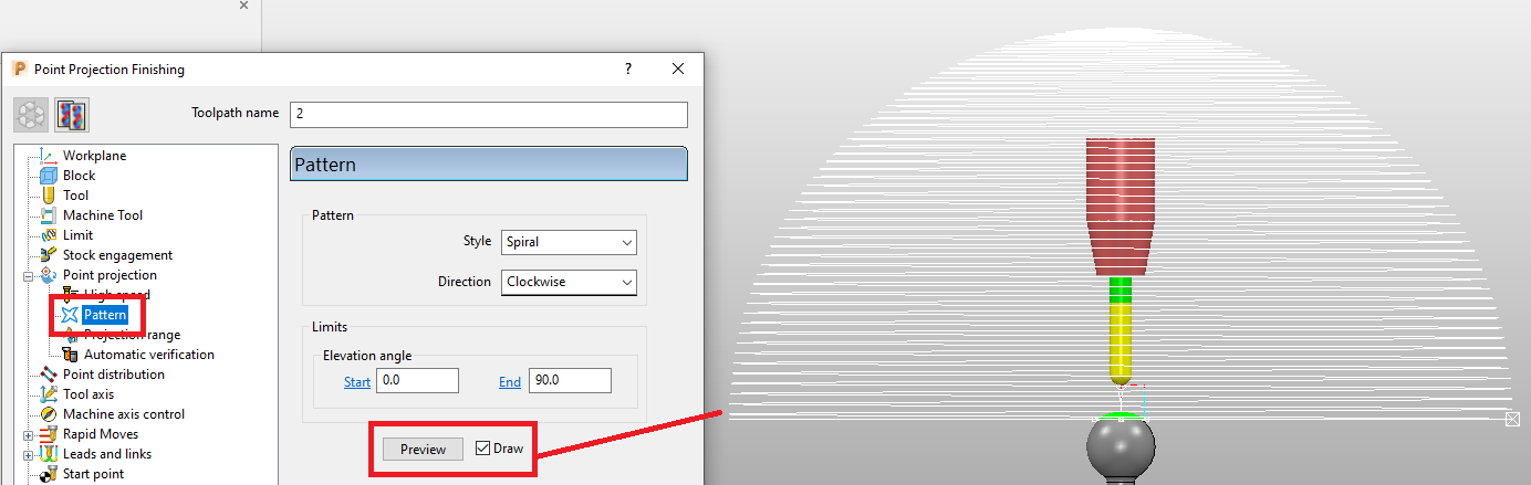 Point projection toolpath only machines partial area in PowerMill